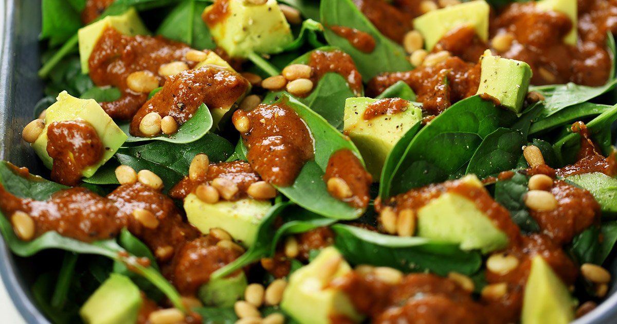 Avocado and spinach salad with toasted pine nuts and sundried tomato ...